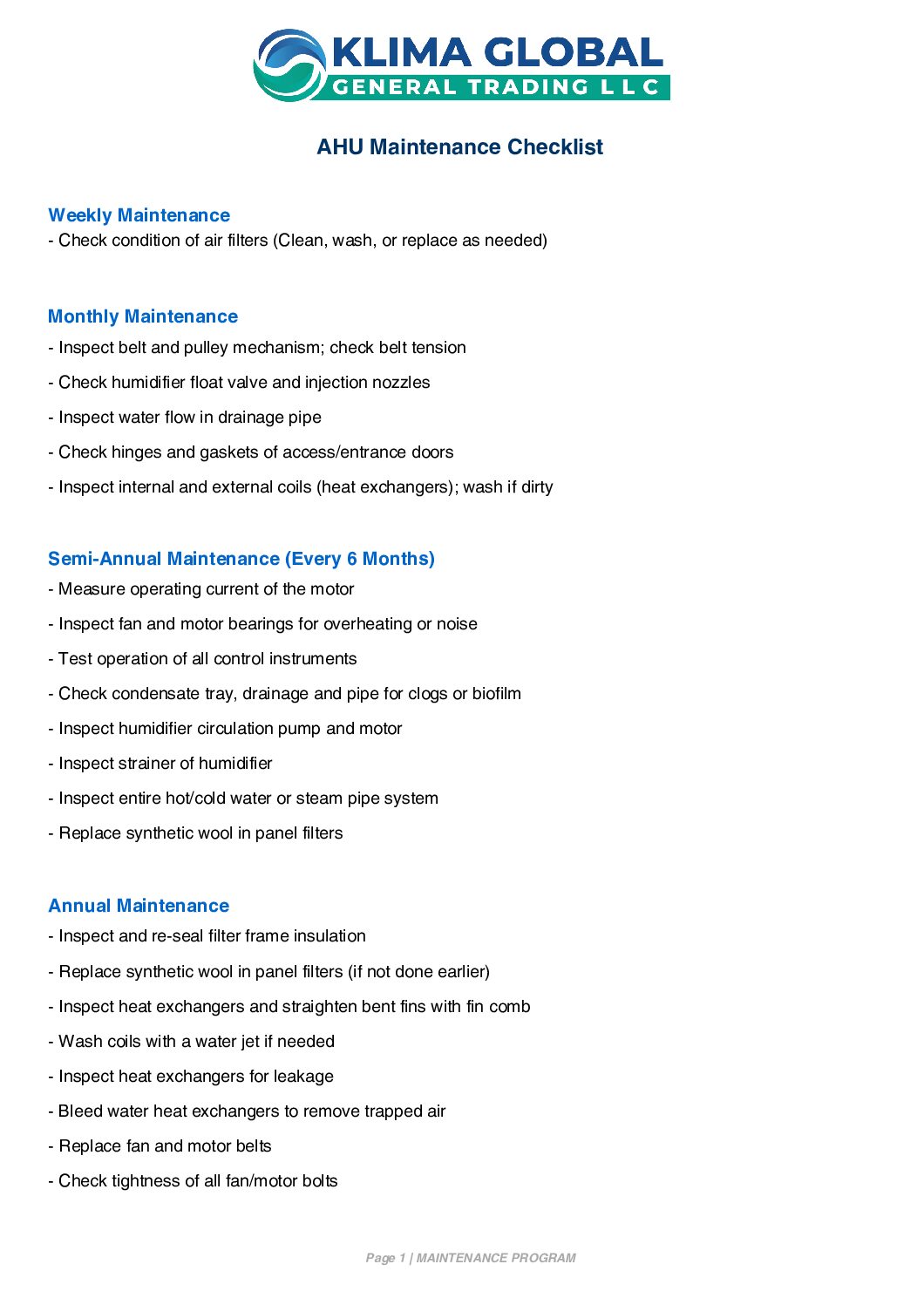 AHU Maintenance Checklist | AHU maintenance Checklist UAE
